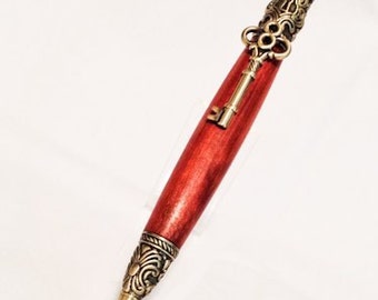 Red Rose Antique Brass Skeleton Key Necklace