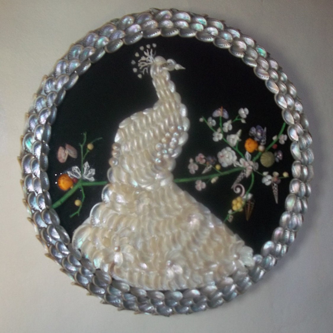 Sea Shell Art A White Peacock with flowers by nestanaturelover