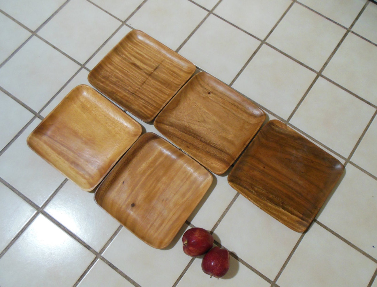 5 Wood Dinner Plates, Vintage Square Wooden Serving Trays, Mid Century ...
