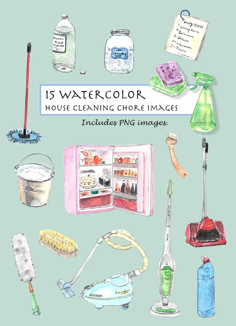 CLIP ART Watercolor Vintage House Cleaning Chores Set. 15