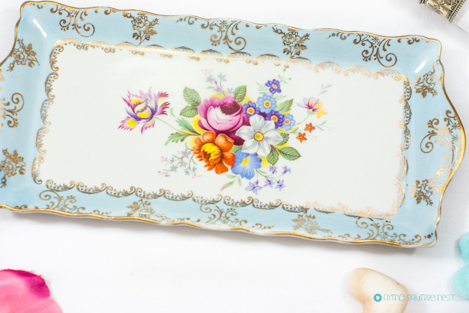 Reserved W-Very pretty Vintage Blue, Floral & Gold Filigree by Old ...