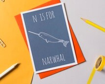 Narwhal Card. Animal Alphabet Card. 100% Recycled Card & Envelope
