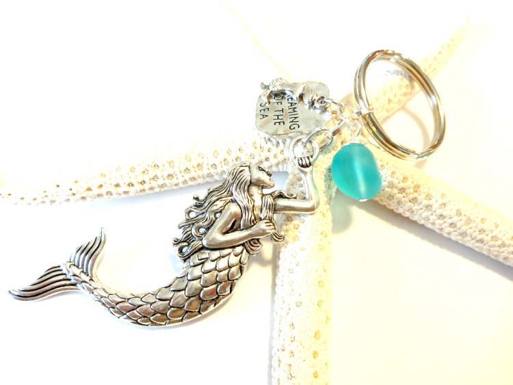 Mermaid Keychain Aqua Sea Glass Key Chain Dreaming by YoursTrulli