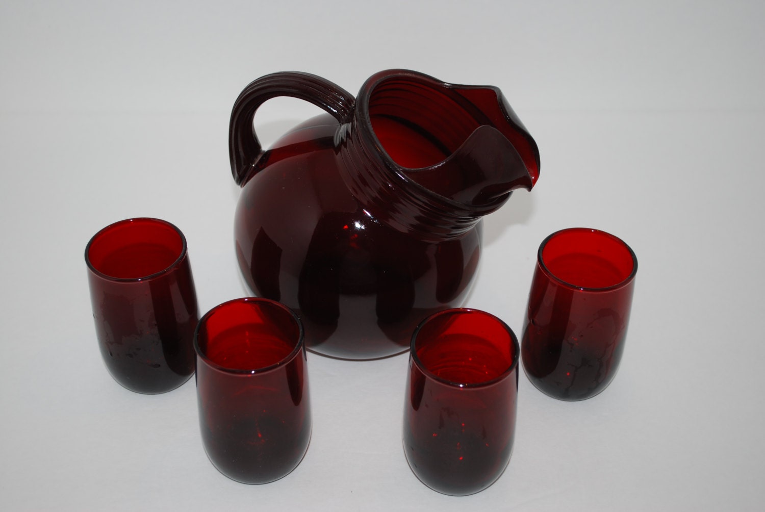 Vintage Ruby Red Tilt Ball Pitcher and Four Juice Glasses – Haute Juice