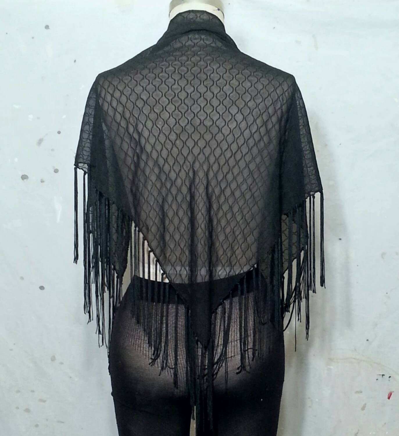 Vintage 1970s Gypsy Fringed Shawl, Sheer Black with Diamond Textured ...