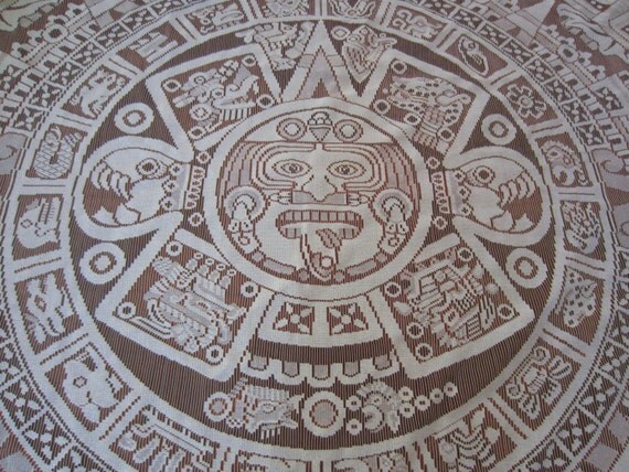 Round Beige Mayan Figures Lace Tablecloth// Ecru Aztec