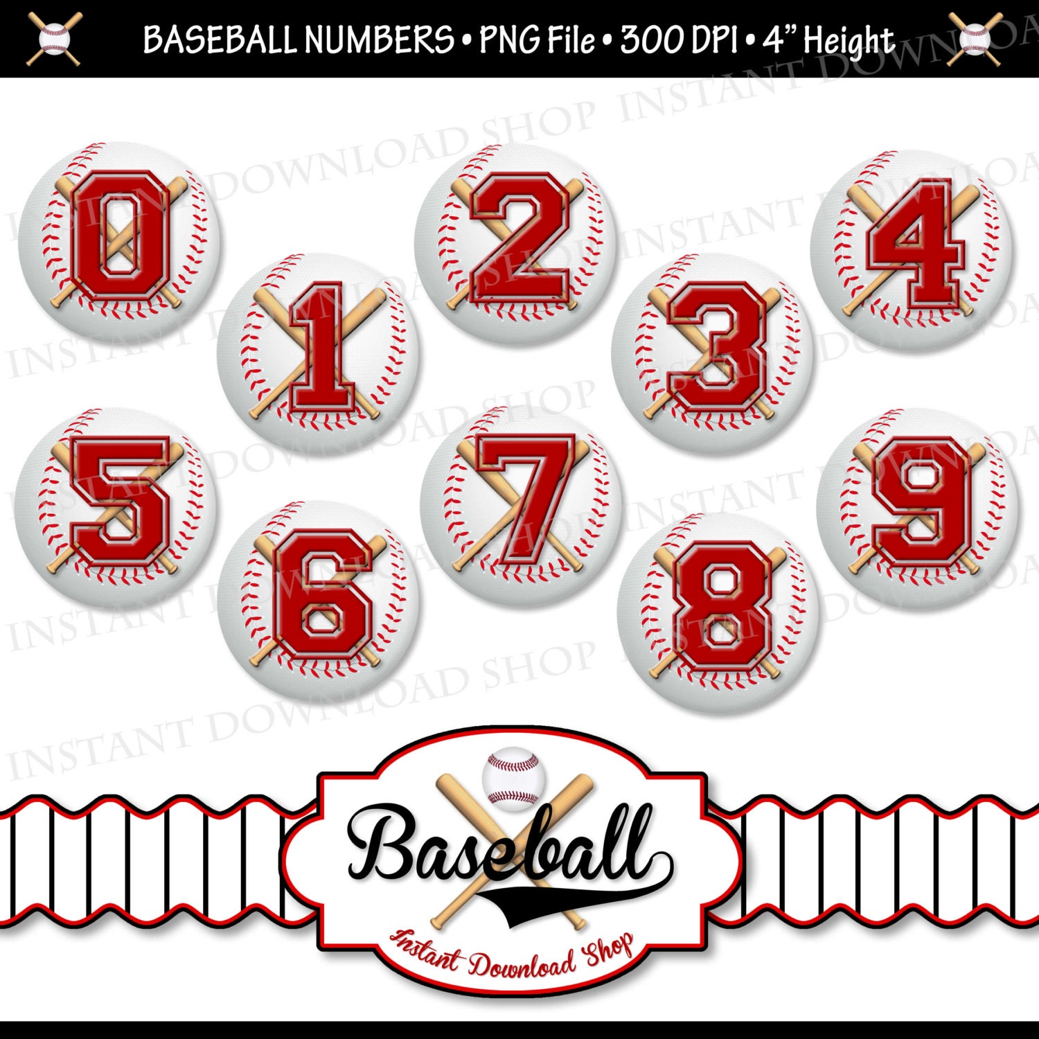 INSTANT DOWNLOAD Baseball Numbers Baseball Digital Clipart