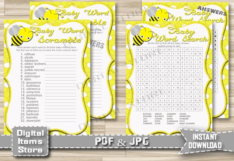 Baby Shower Word Scramble Bee Yellow Word Search Bumble