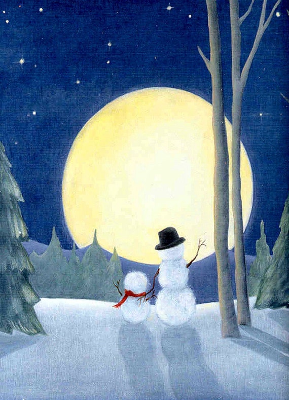 Items similar to Moonlit Snowmen, Snowmen Painting Art Print, Snowmen ...