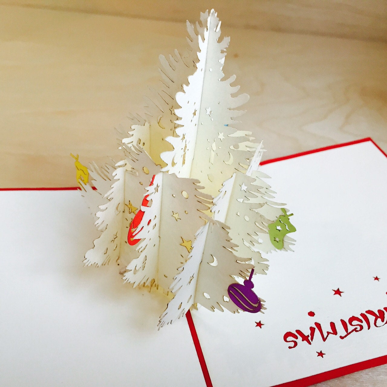 Handmade White Christmas tree D pop up Kirigami card by LanternInk