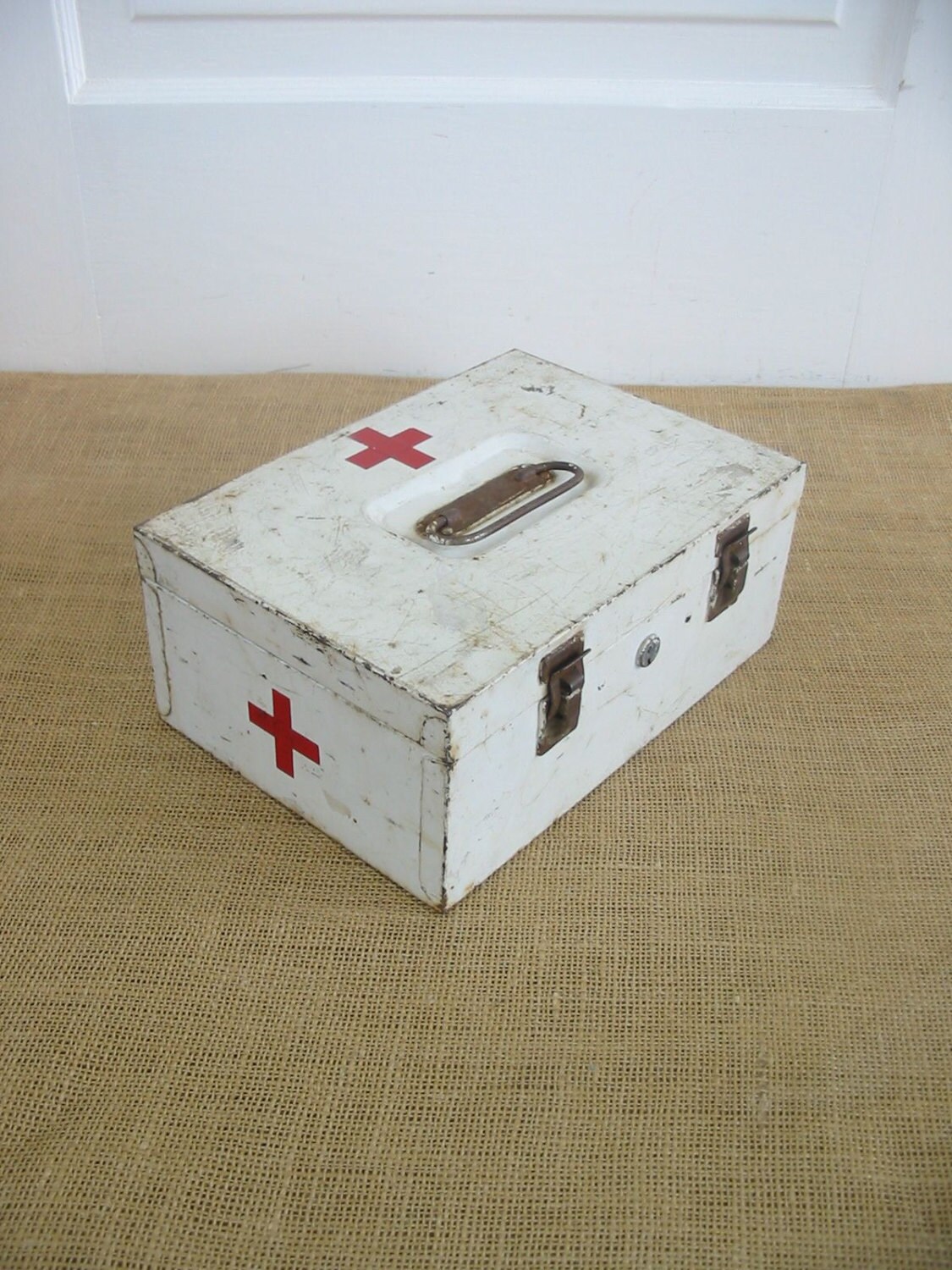 Vintage Metal First Aid Case Box Kit White Red Cross Industrial – Haute ...
