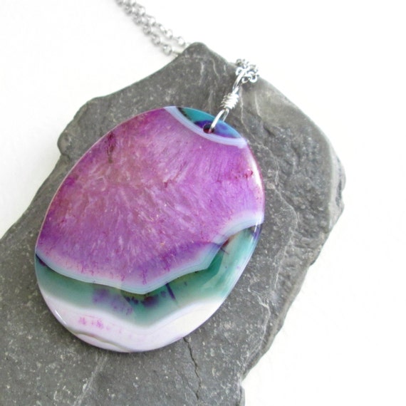 Watermelon Agate Geode Pendant Unique Pink & Green by cindylouwho2