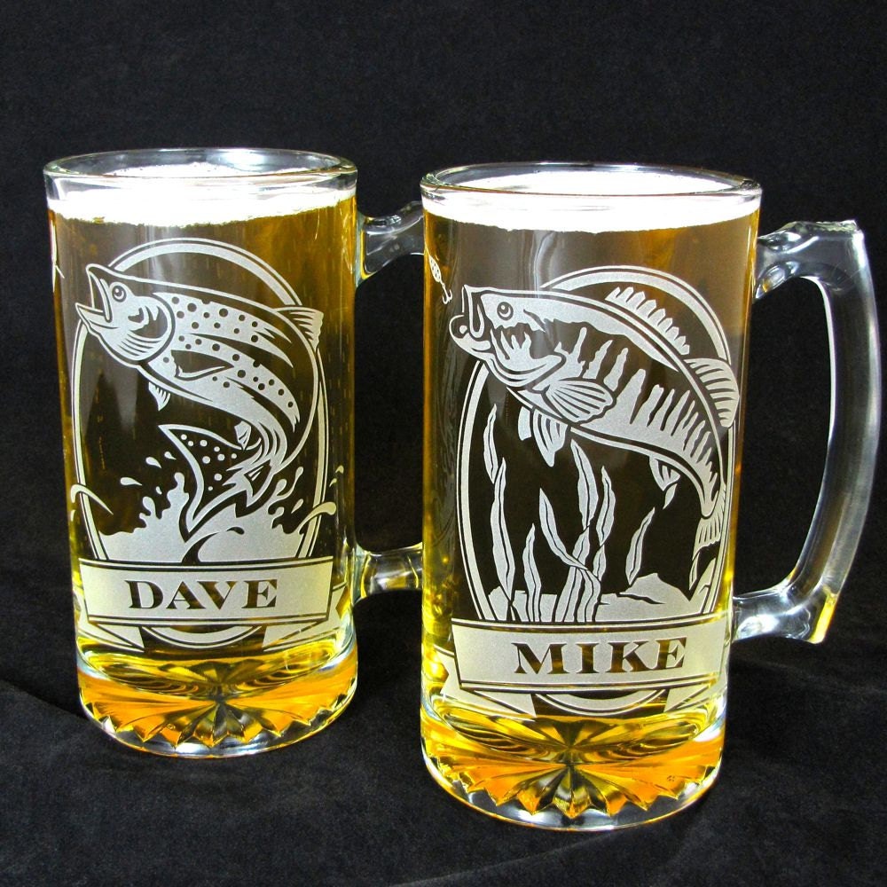 2 Etched Glass Beer Mugs with Bass Trout Catfish