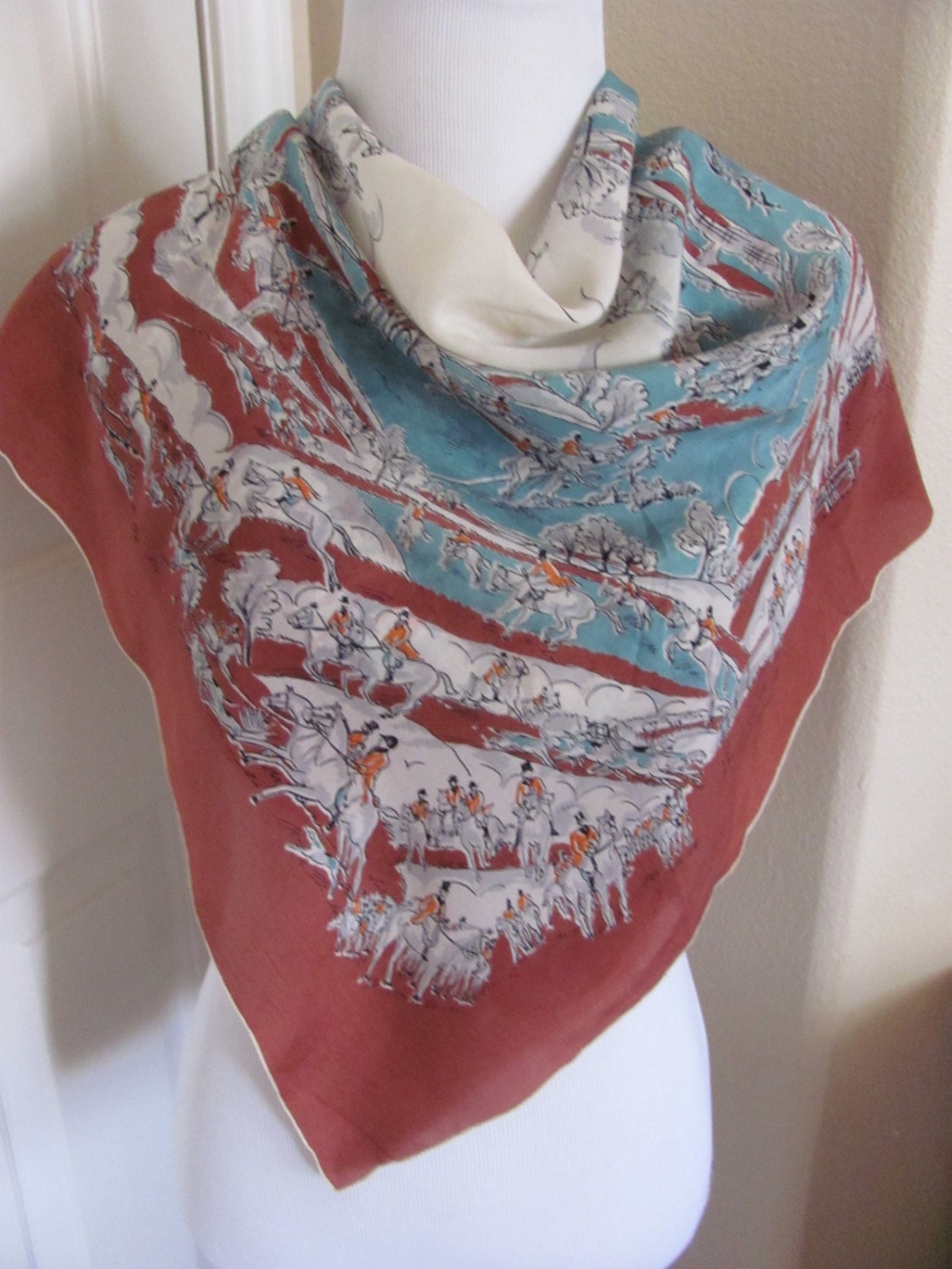 Vintage Antique Brown Fox Hunt Silk Scarf – 31″ x 31″ Square – Haute Juice