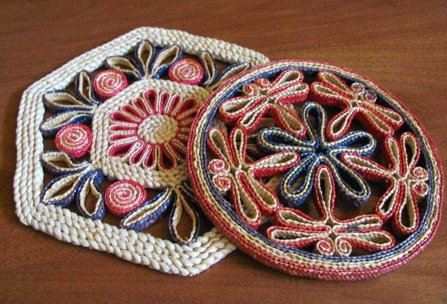 Vintage Boho Mexican Raspberry, Navy and Straw Pot Holder Trivets ...