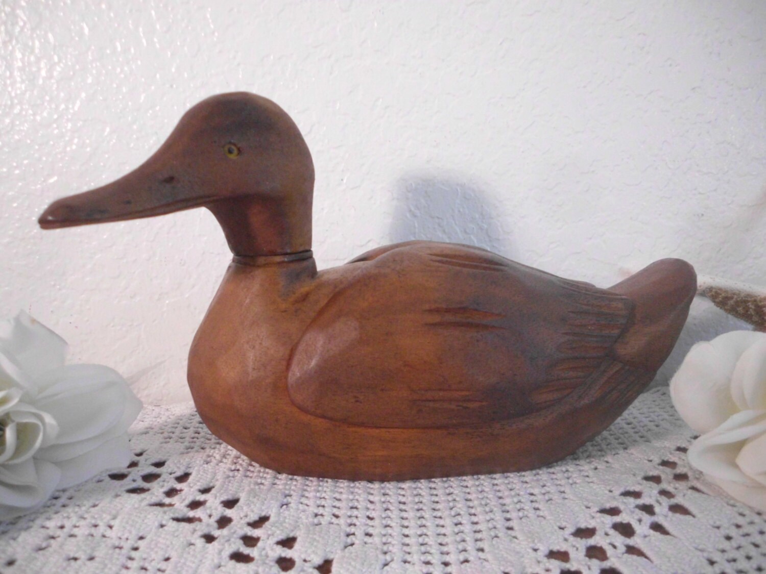 Vintage Carved Wood Duck Statue Wooden Man Cave Hunter Lake
