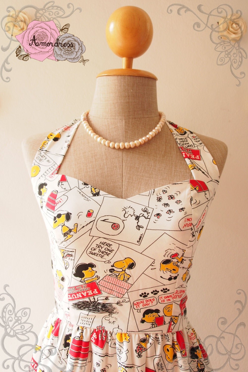 Snoopy n Friends in White Cute Sun Dress Kawaii Halter Dress