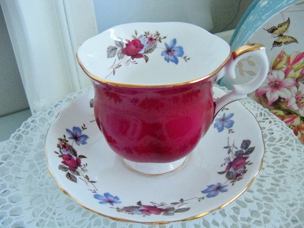 Vintage Crown Staffordshire teacup and saucer, red teacup, english ...