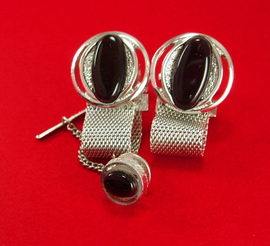 Dante Mesh Wrap Cufflinks BLack Vintage Silver Tie Tack Set Modernist ...