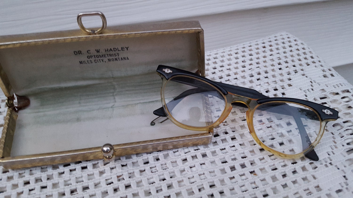 vintage aviator Mens womens black shell yellow rim rimmed Dr C.W.Hadley ...