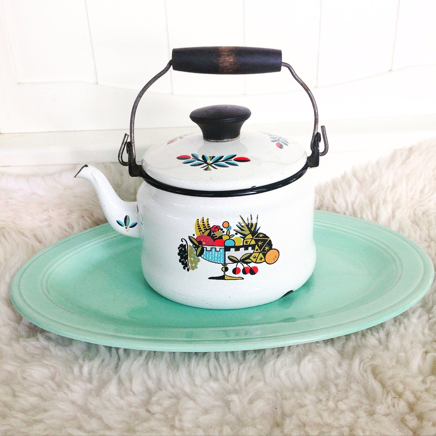 Vintage scandinavian danish modern white enamel teapot kitchen tea pot ...