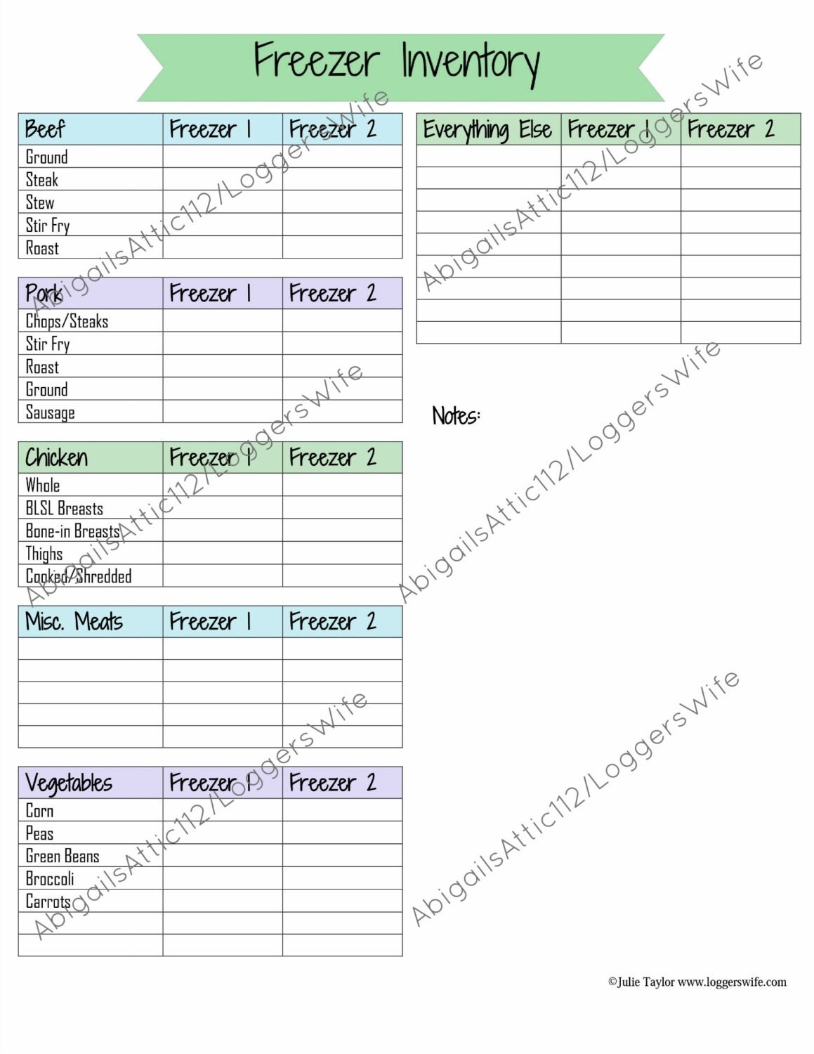 Freezer Inventory Sheet Printable
