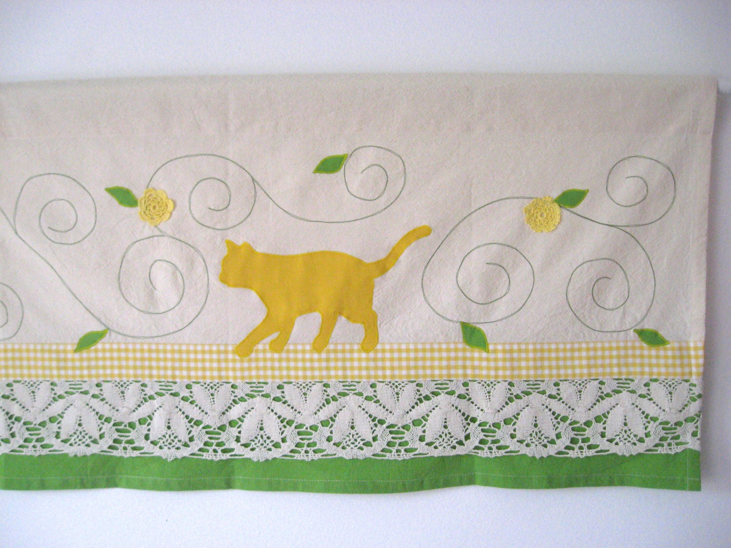 Yellow Cat Valance Lace Farmhouse Window Treatment Country