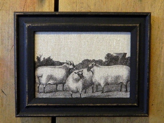 Items similar to Farmhouse Sheep Print on Aged Linen Framed in Antiqued ...