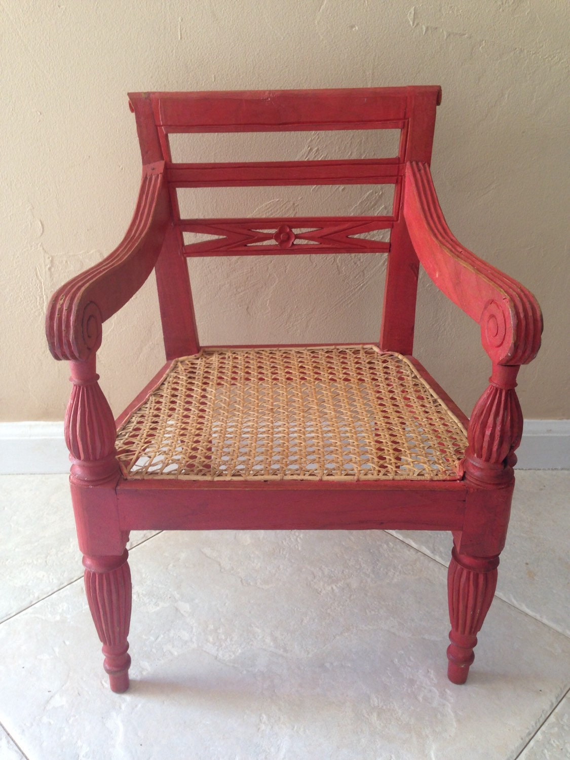 Child’s Chair Wooden Cane Caning Red Painted Antique Vintage Distressed ...