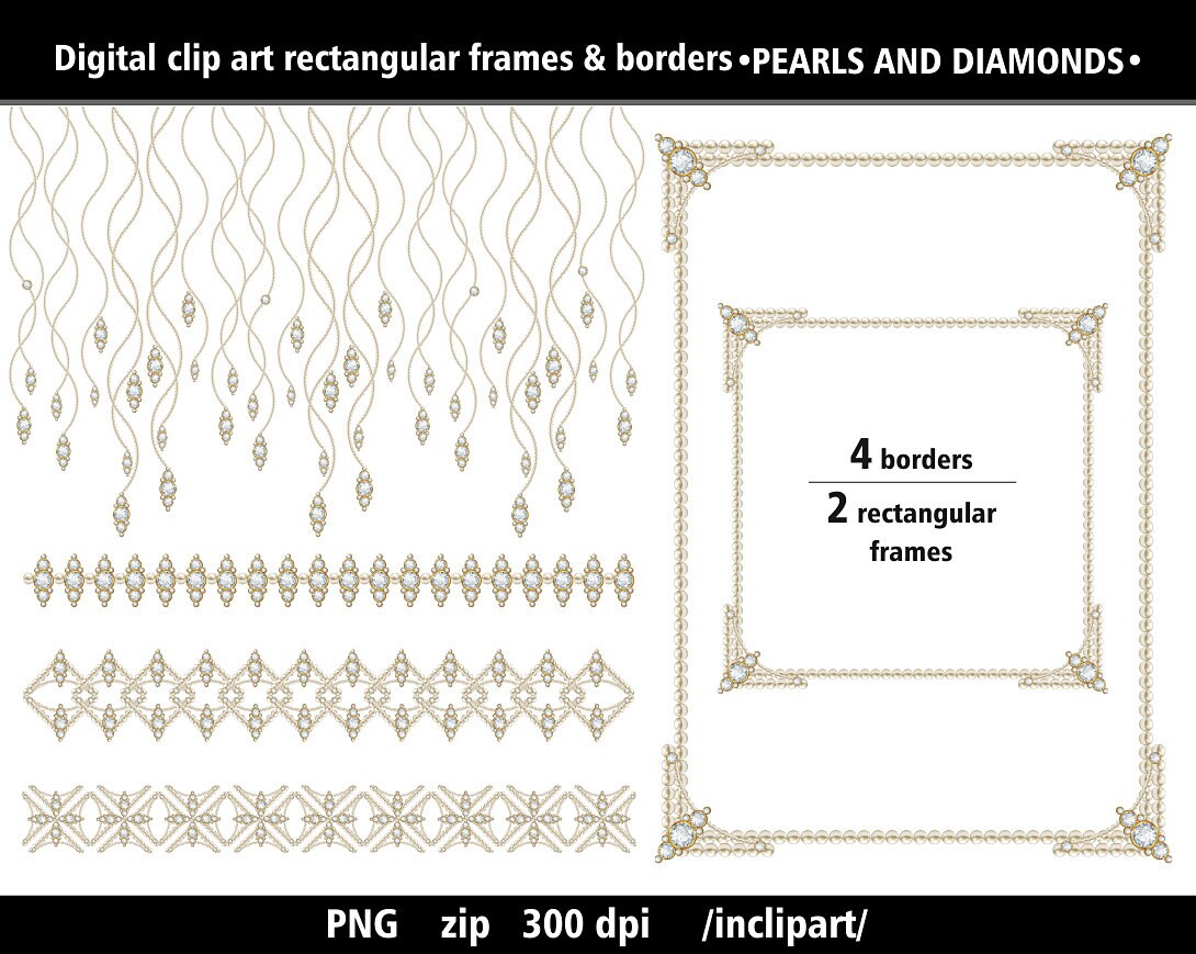 Set of pearl and diamond frames and borders clip art. Digital