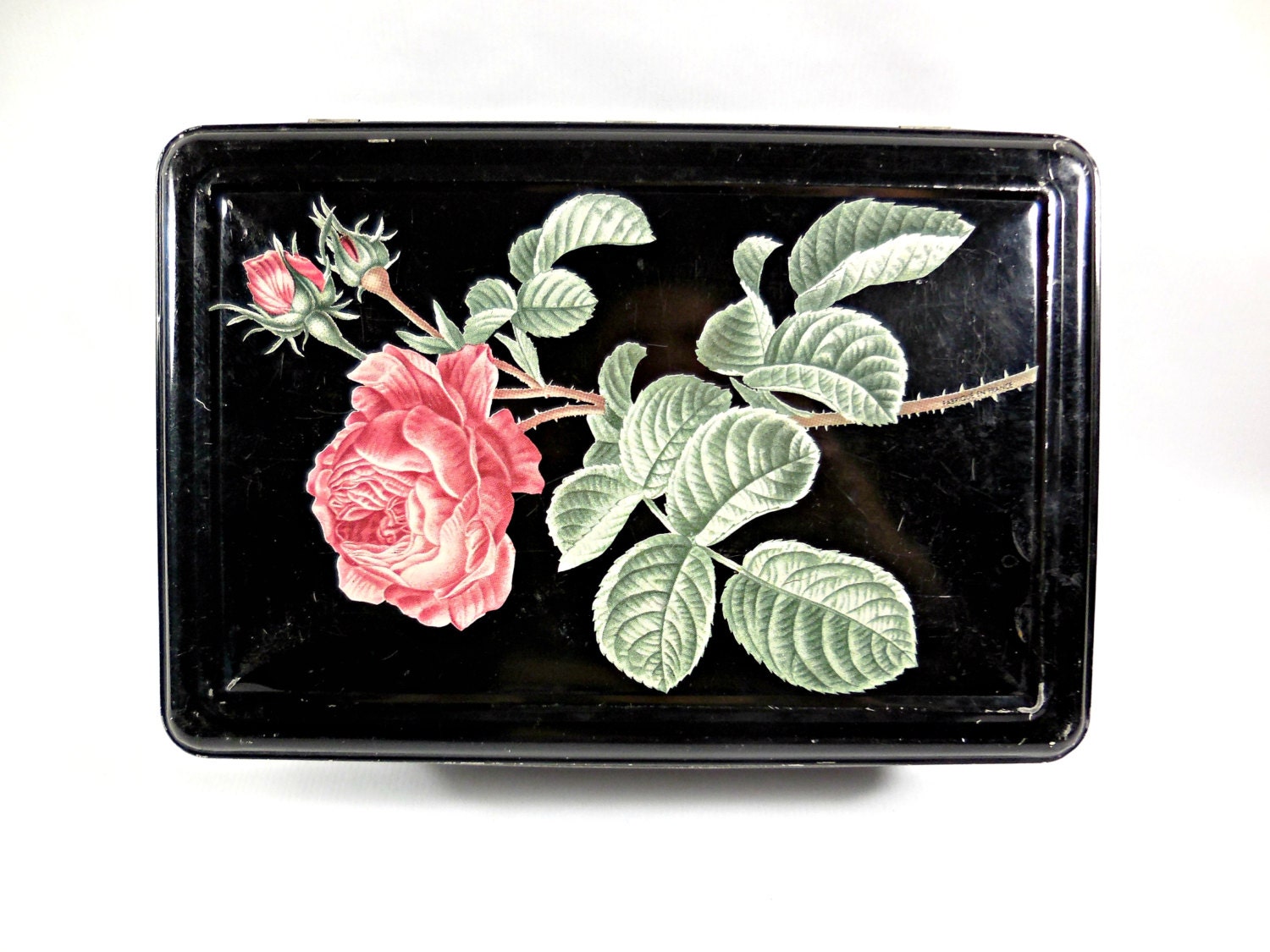 Rectangular Metal Tin Vintage box or container with nice pink rose ...