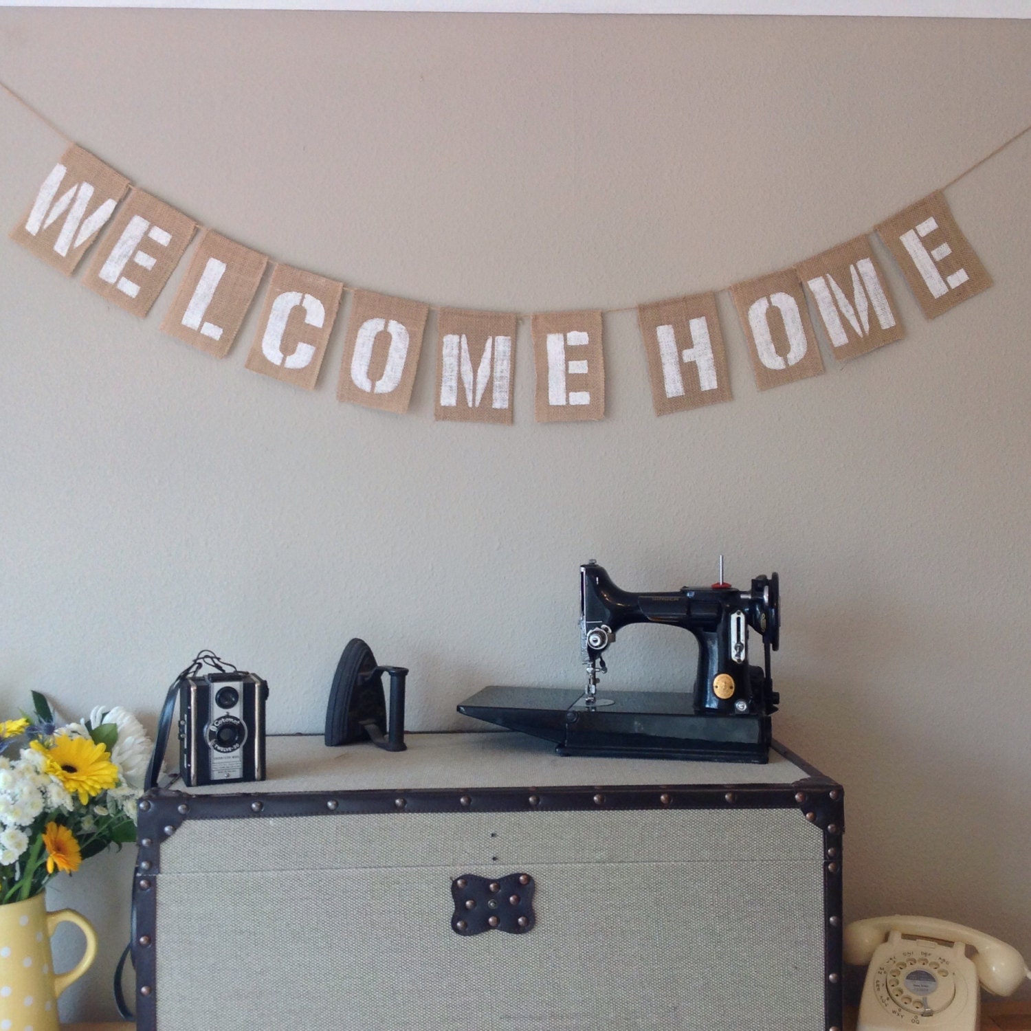 WELCOME HOME Vintage Bunting Banner. Hessian Burlap Rustic