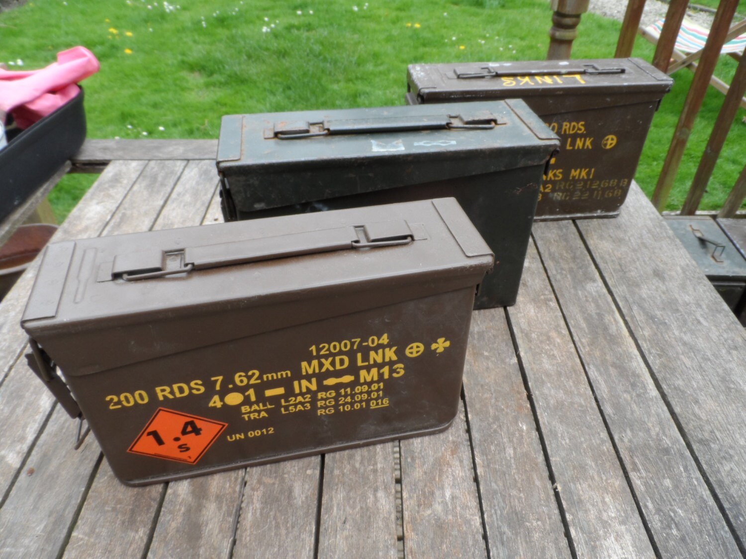 Post World War 2 small calibre metal ammunition boxes. Two Brown One ...