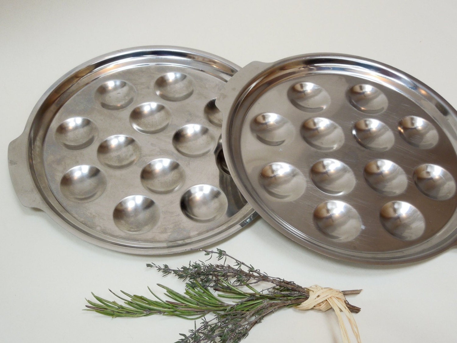 2 Snail Serving Plates, Escargot Stainless Steel Plates, French Vintage ...