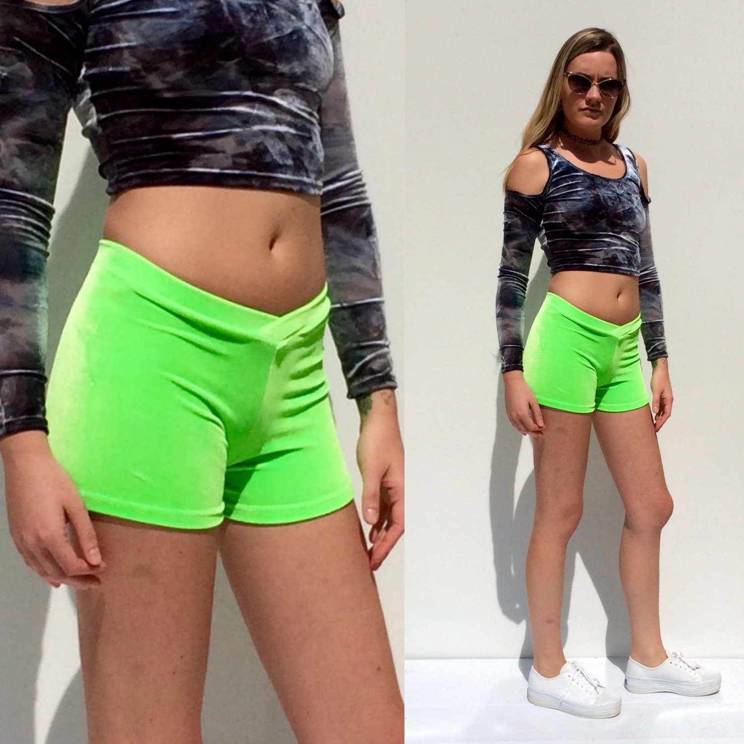 Vintage Velvet Neon Lime Green Booty Dance Shorts By 69uranus
