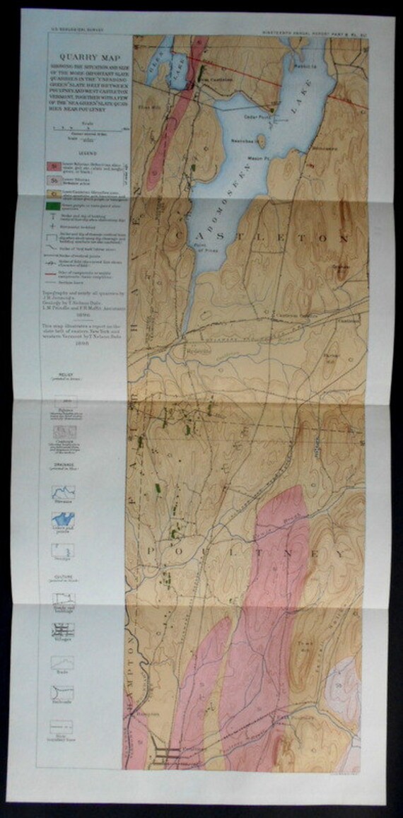 1899: Quarry Map Vermont. Bomoseen Lake to Poultney VT Slate