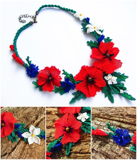 Items similar to Beadwork Poppy Necklace with red poppies, Beaded ...
