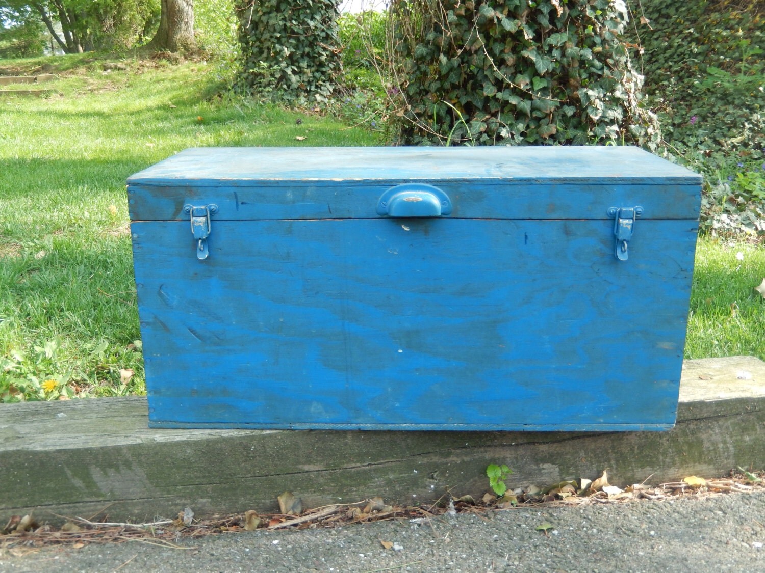 vintage wooden box, large box, hand-built, painted blue, primitive ...