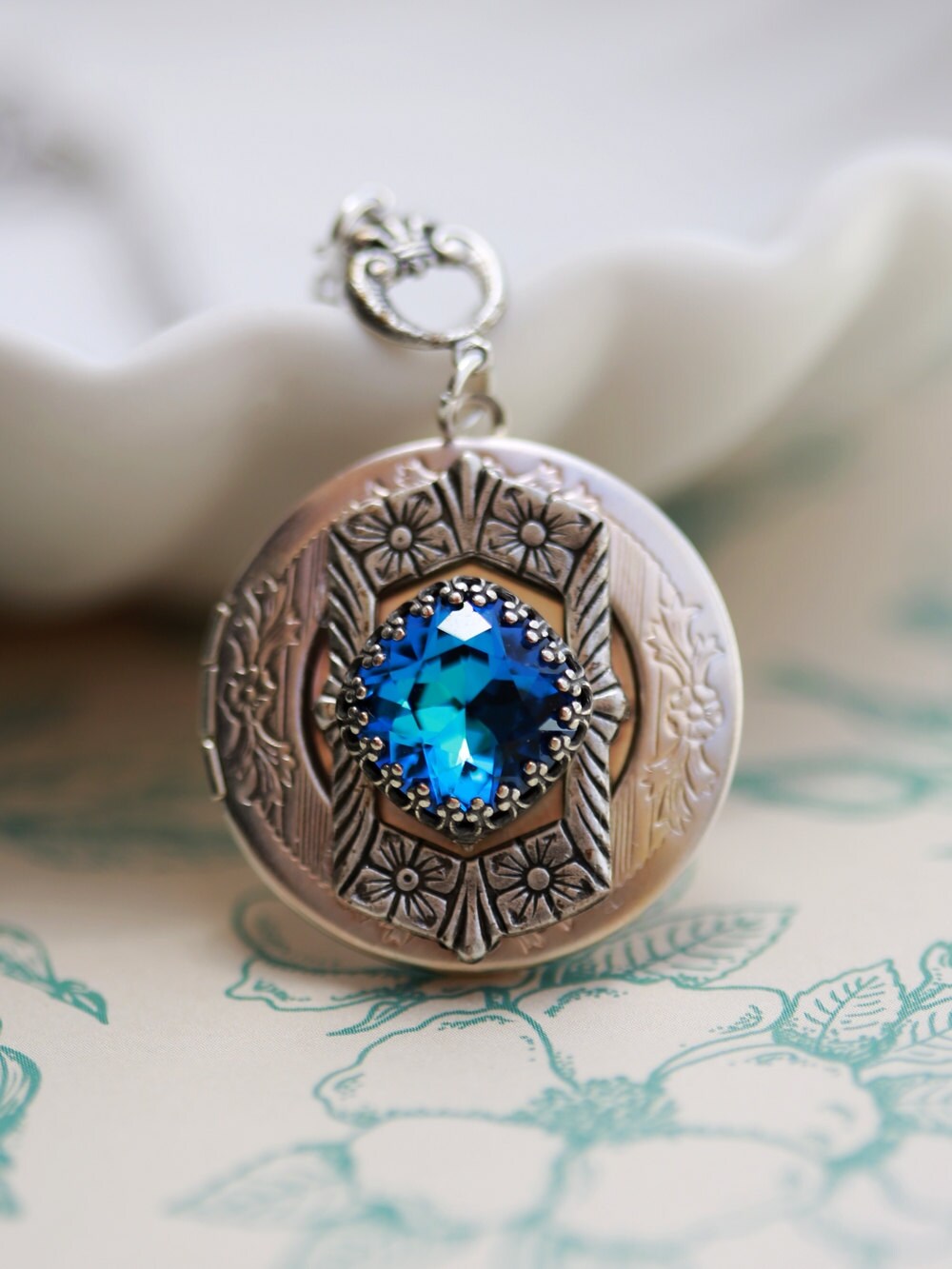 Locket NecklaceBermuda Blue Swarovski Crystal Stone Locket