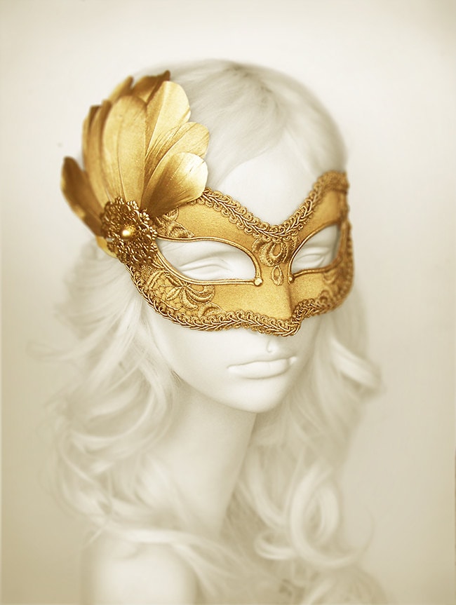 Gold Embroidery Masquerade Mask With Gold Feathers Venetian