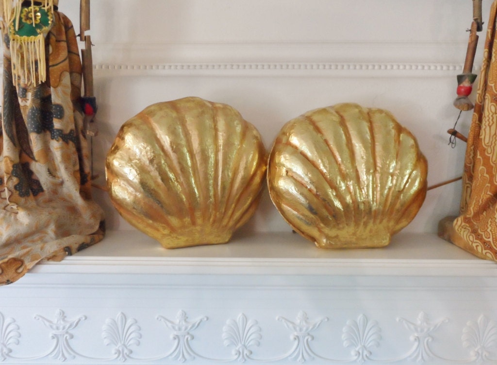 VTG Gold Paper Mache Clamshells Large 9″ tall Unique Storage Hand Made ...