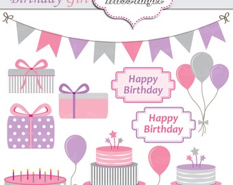Pink Birthday Party CLIPART. 12 Digital BDay Party Clipart