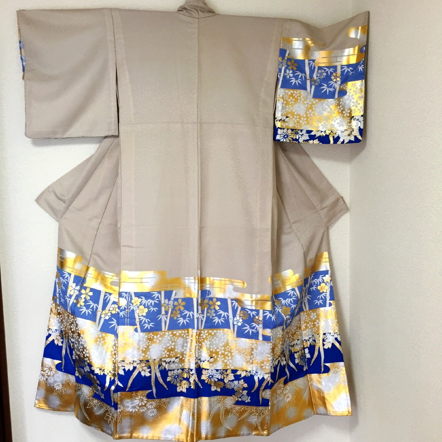 Silver Gray Vintage Japanese Formal Kimono with Gold Bamboo Print ...