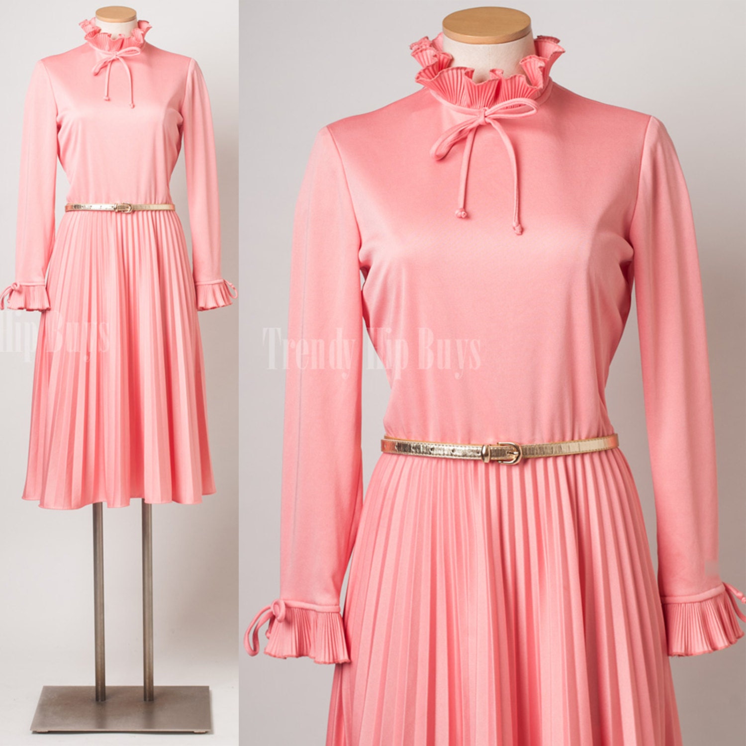 Vintage Dress, Vintage pink dress, Ruffle 70s dress, pleated dress – S ...