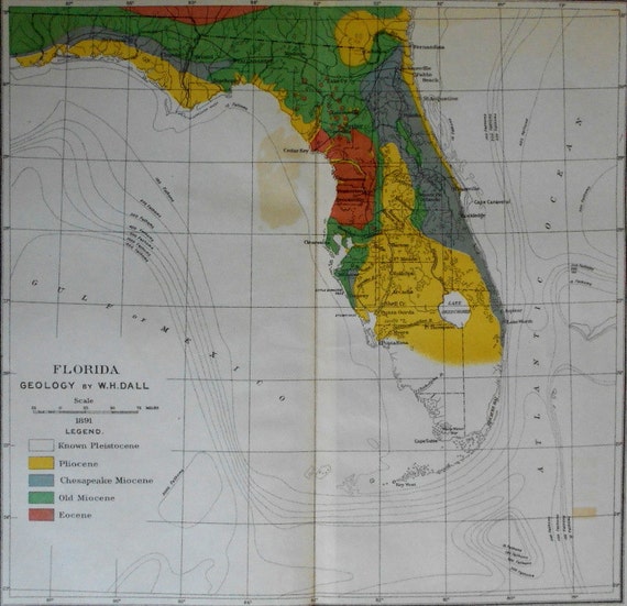 1892 Florida Map Geological. Florida Keys Gulf of Mexico.