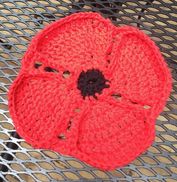 Items similar to Hand Crocheted Red Poppy Washcloth on Etsy