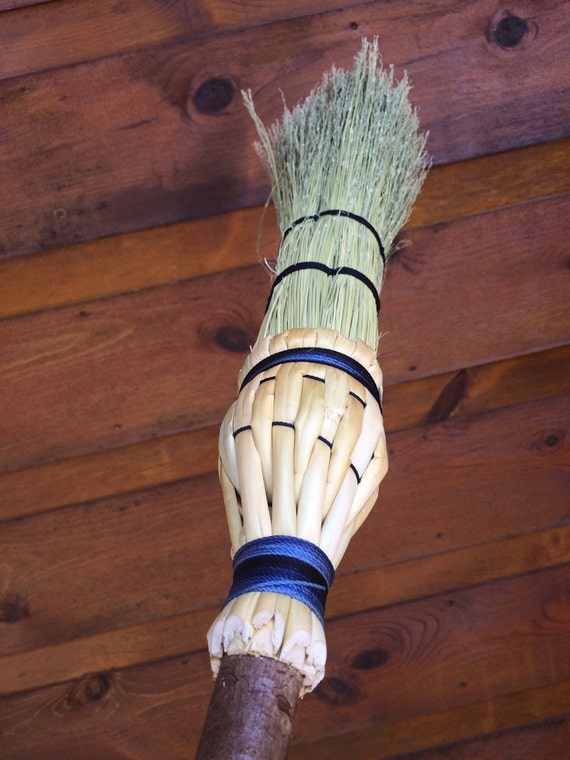 Large Wizard Broom with woven blue cap Artisan by WizardBrooms