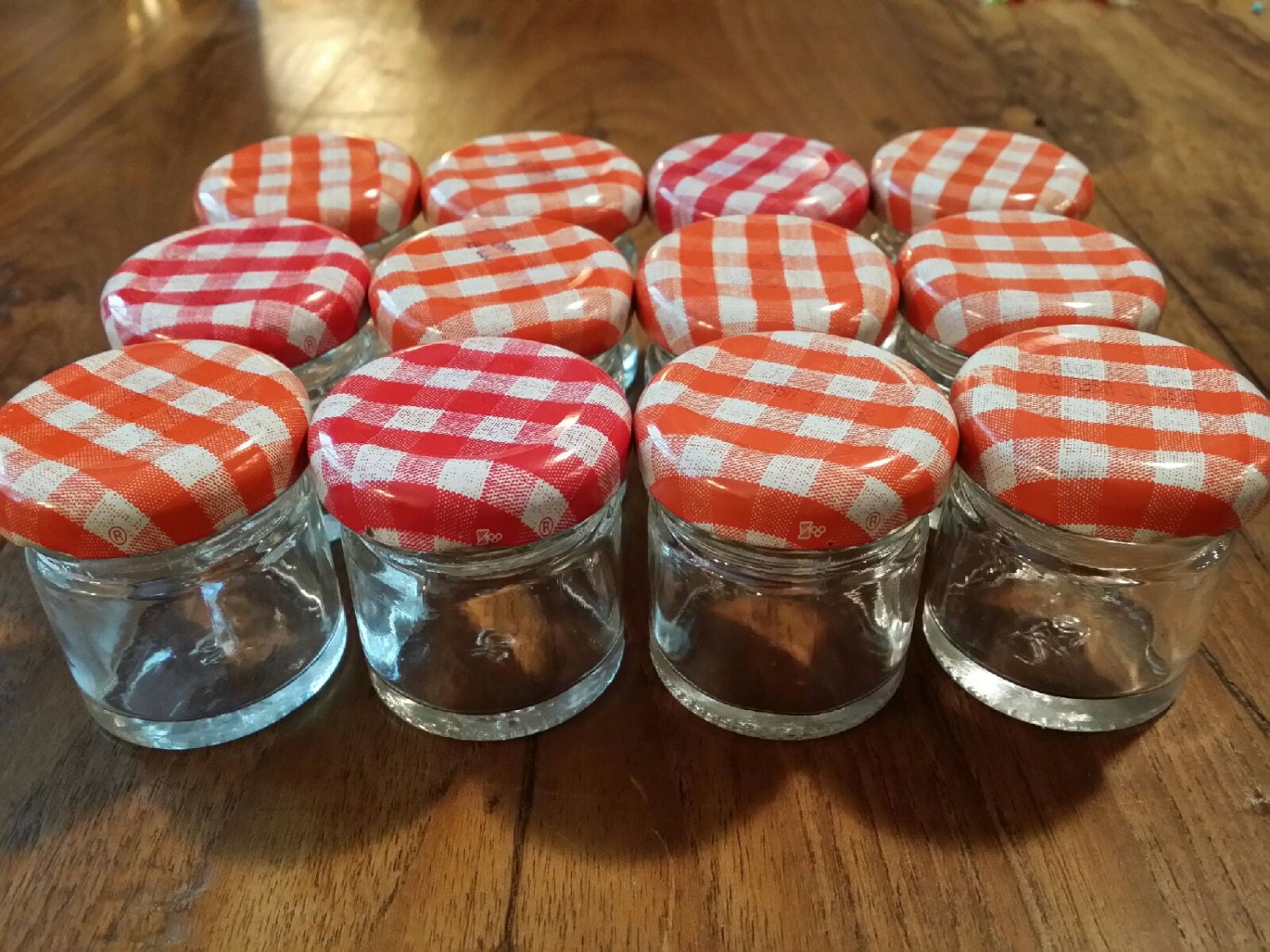Vintage Red Gingham Set 12 Dozen Mini Glass Mason Storage Jars Drawer ...