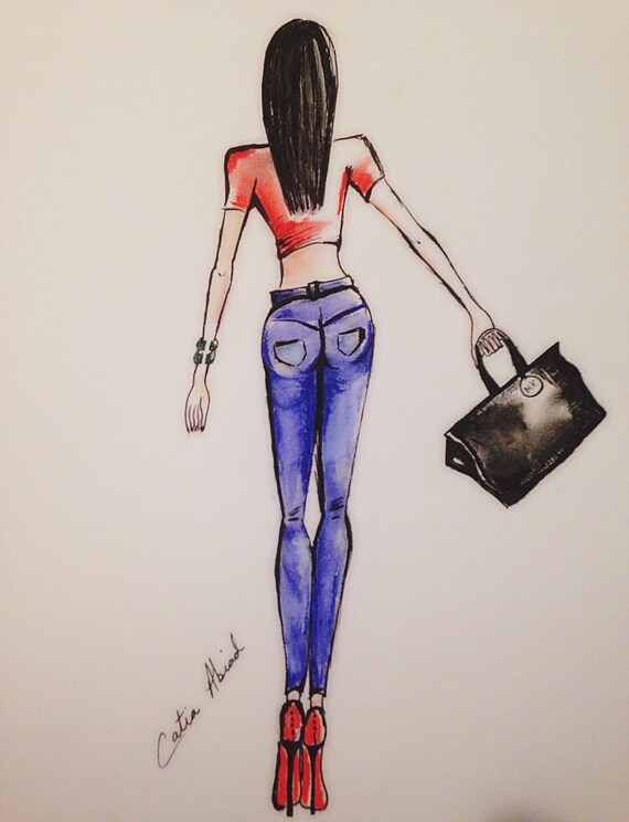 Items similar to Fashion Illustration - print - jeans girl ink pencil ...