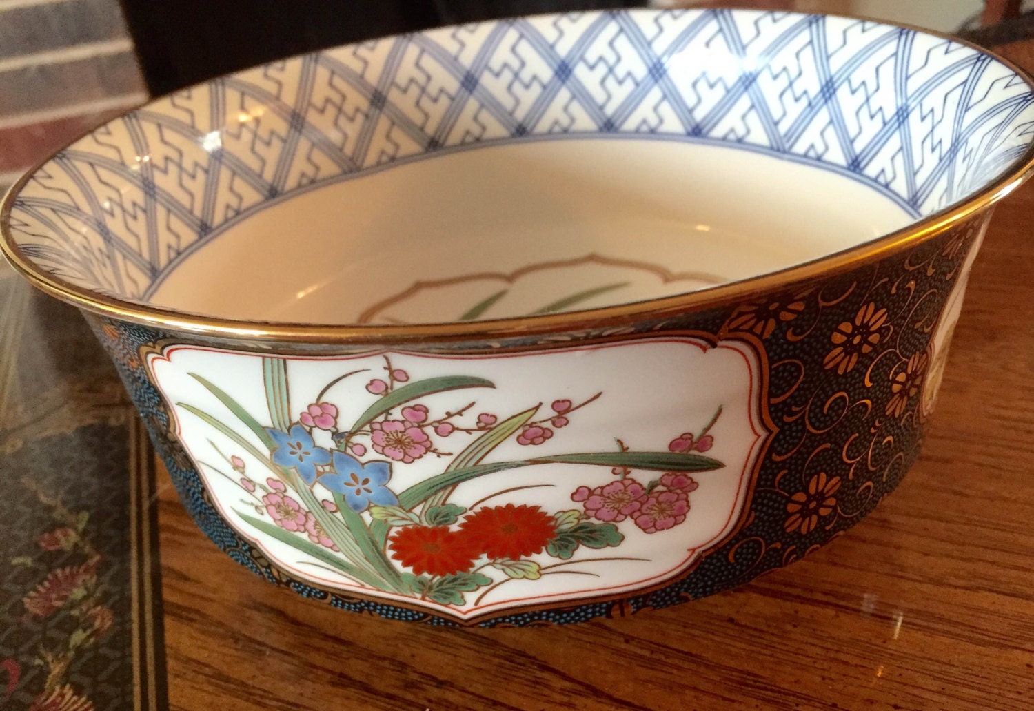 Vintage Imari Japanese Porcelain Large Bowl Signed HP Cobalt Blue ...